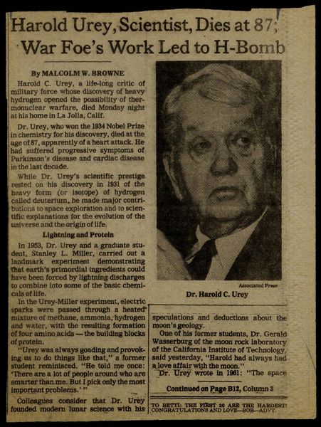 Harold Urey, scientist, dies at 87; war foe's work led to H-bomb ...