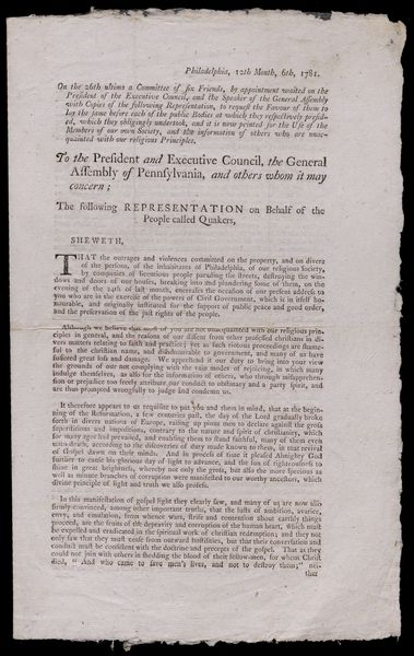 [Quaker petition to Pennsylvania authorities seeking protection for ...